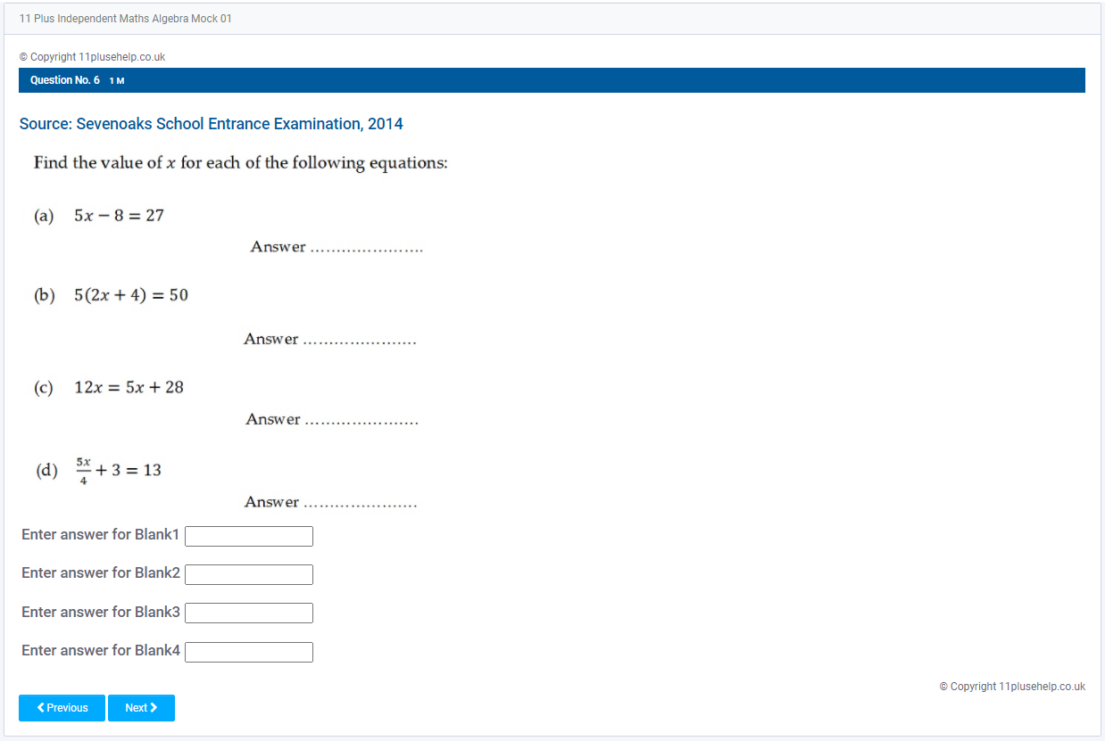 11 Plus Independent Maths Algebra Mock 01 - Best 11 Plus Online ...