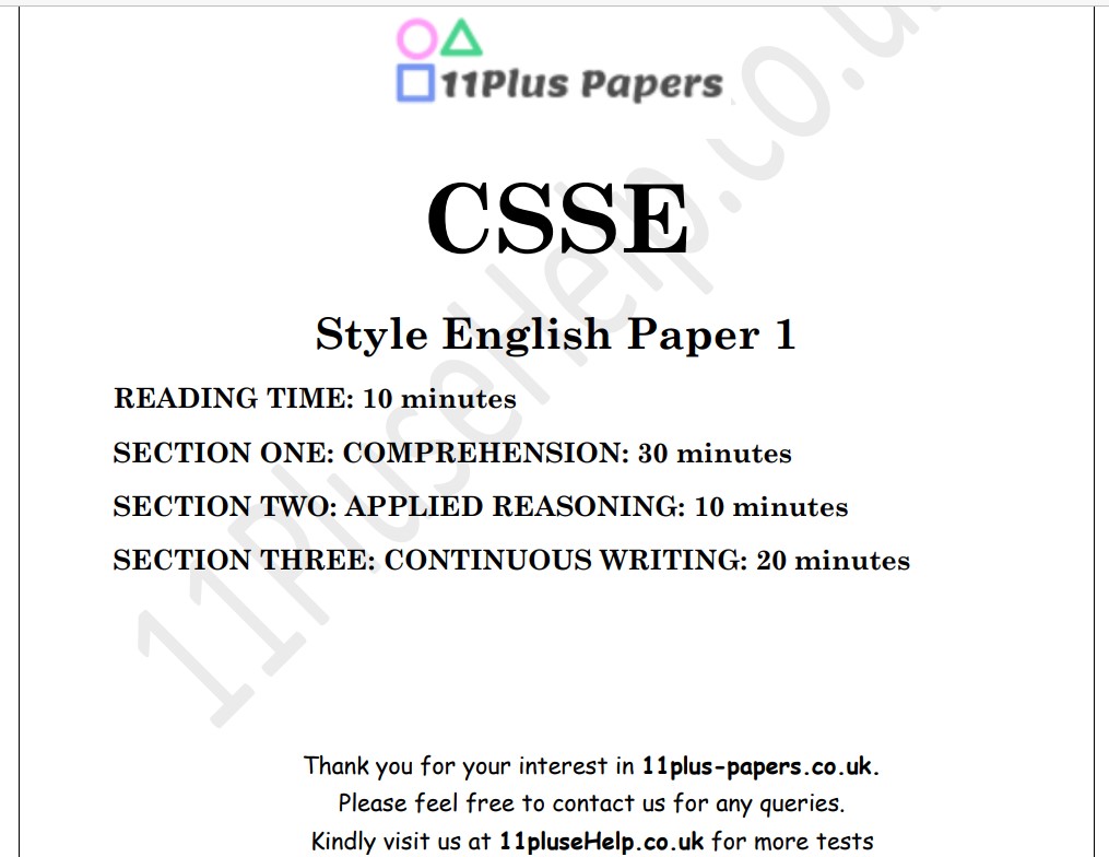 CSSE Style English Paper 1 - Best 11 Plus Online Practice Exams|11 ...