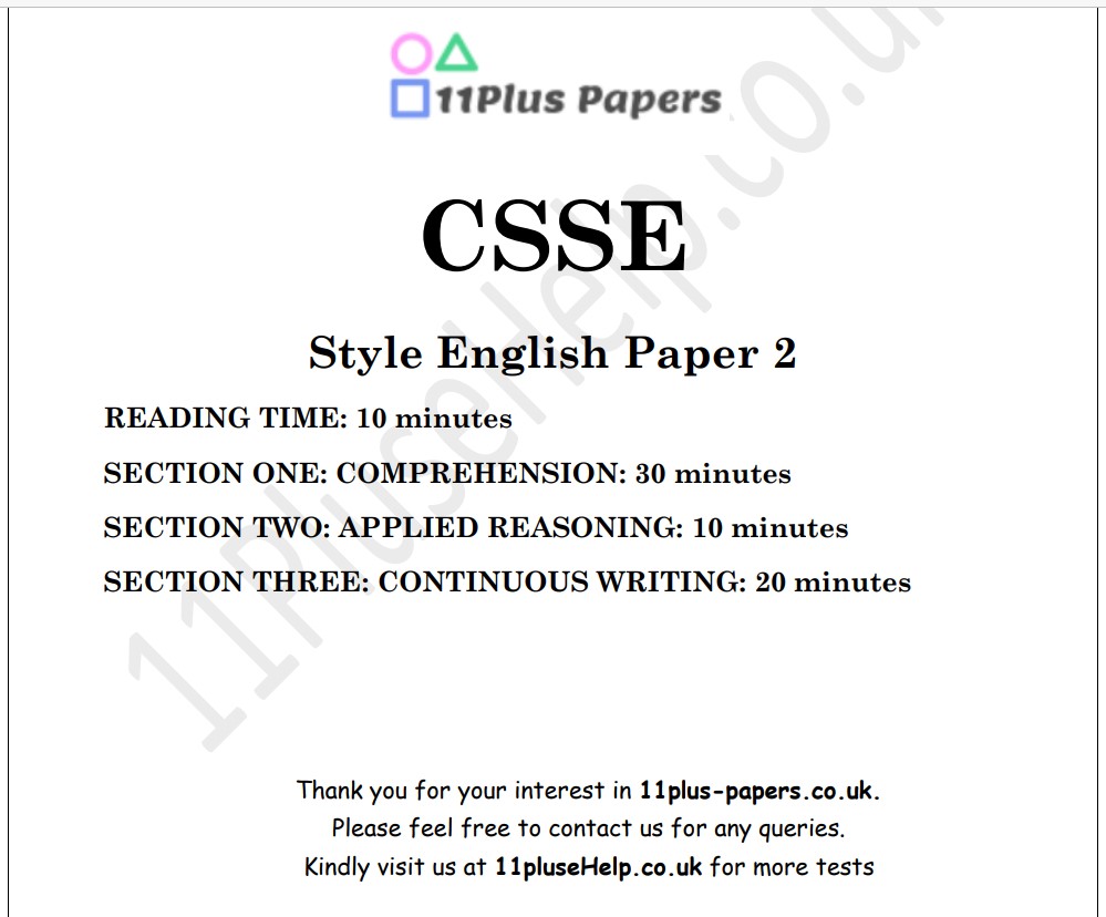 CSSE Style English Paper 2 - Best 11 Plus Online Practice Exams|11 ...